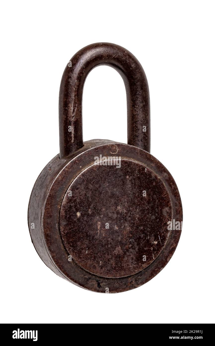 Vintage padlocks isolated. Close-up of a ancient big padlock with key ...