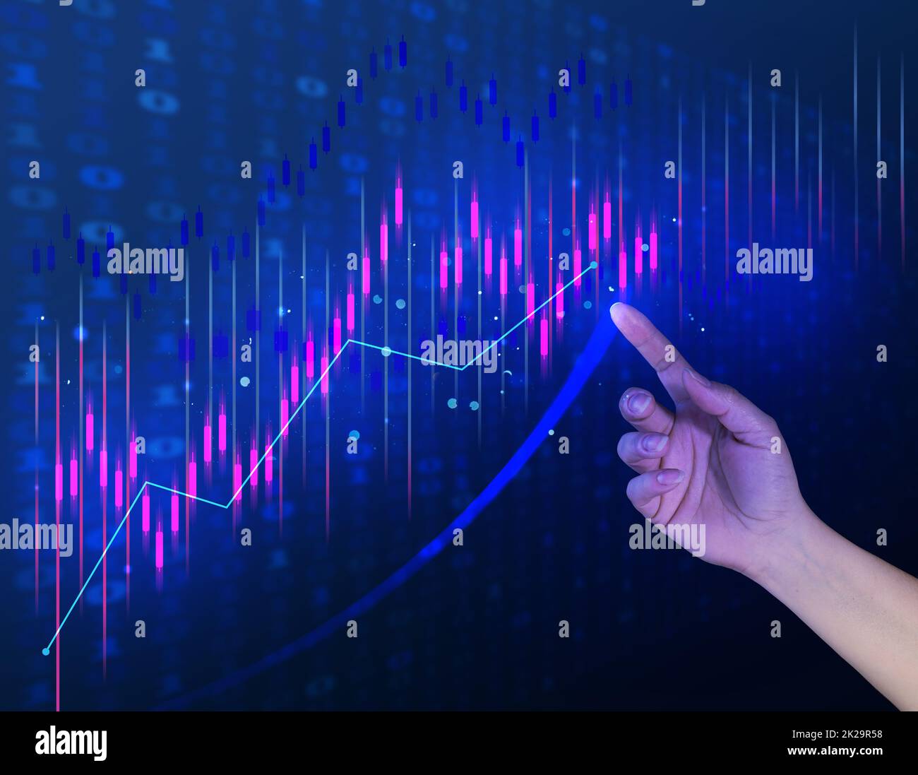 holographic graph with growing indicators and a woman's hand. Business ...