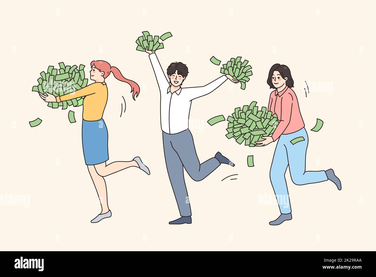 Happy people run with piles of money Stock Photo - Alamy