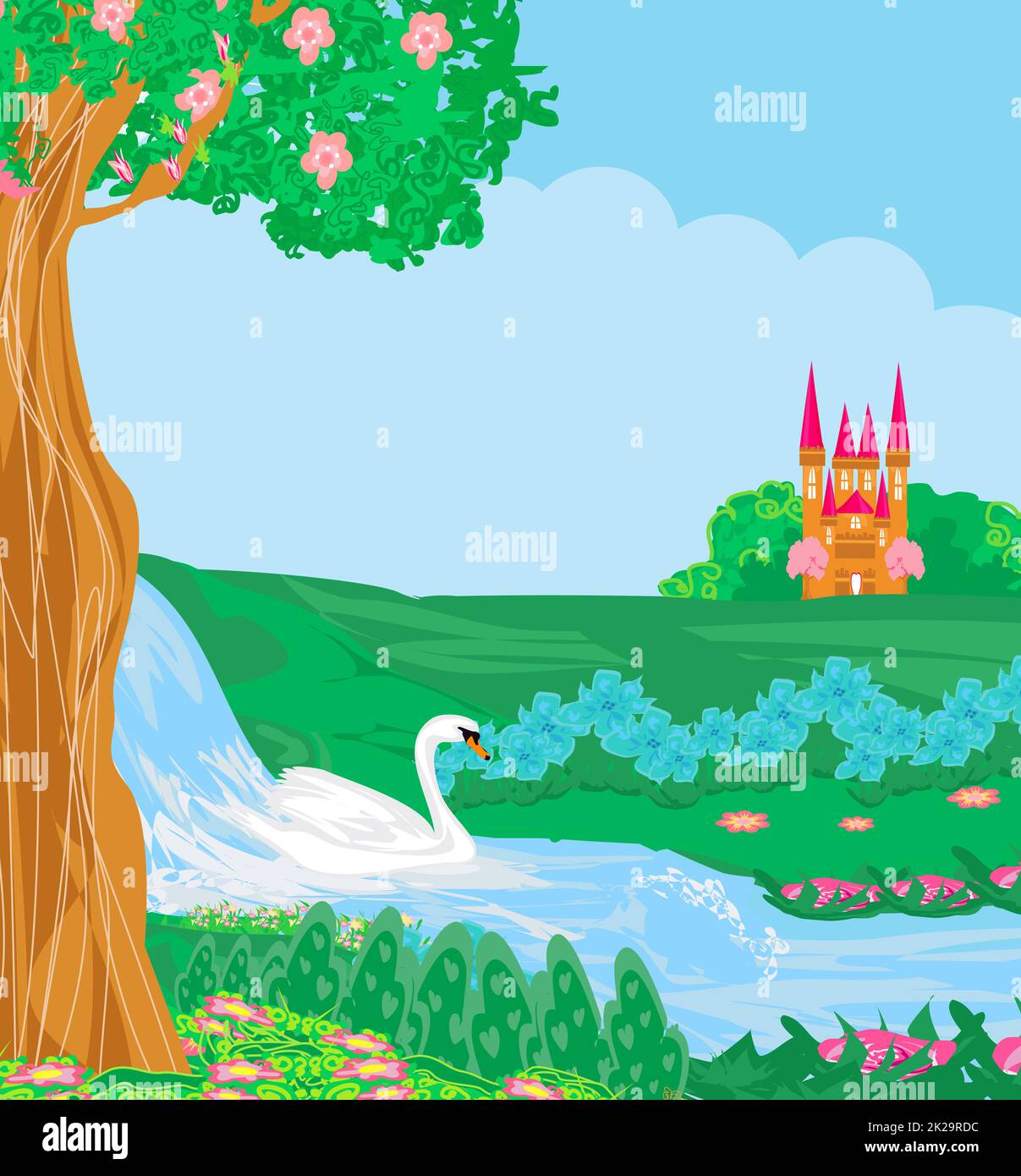 spring landscape with swan and castle Stock Photo - Alamy