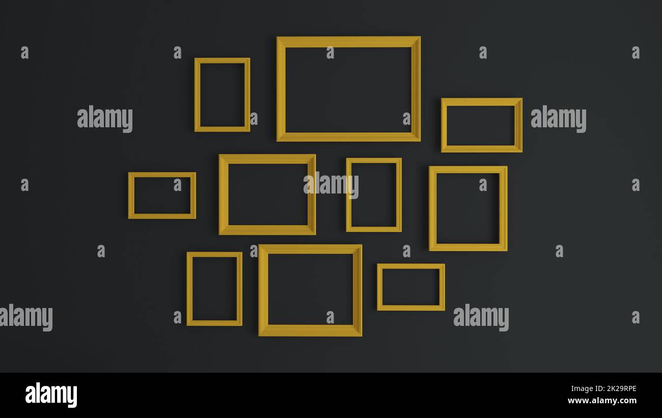 Picture frames collage dark grey concept with yellow frame 3d rendering ...
