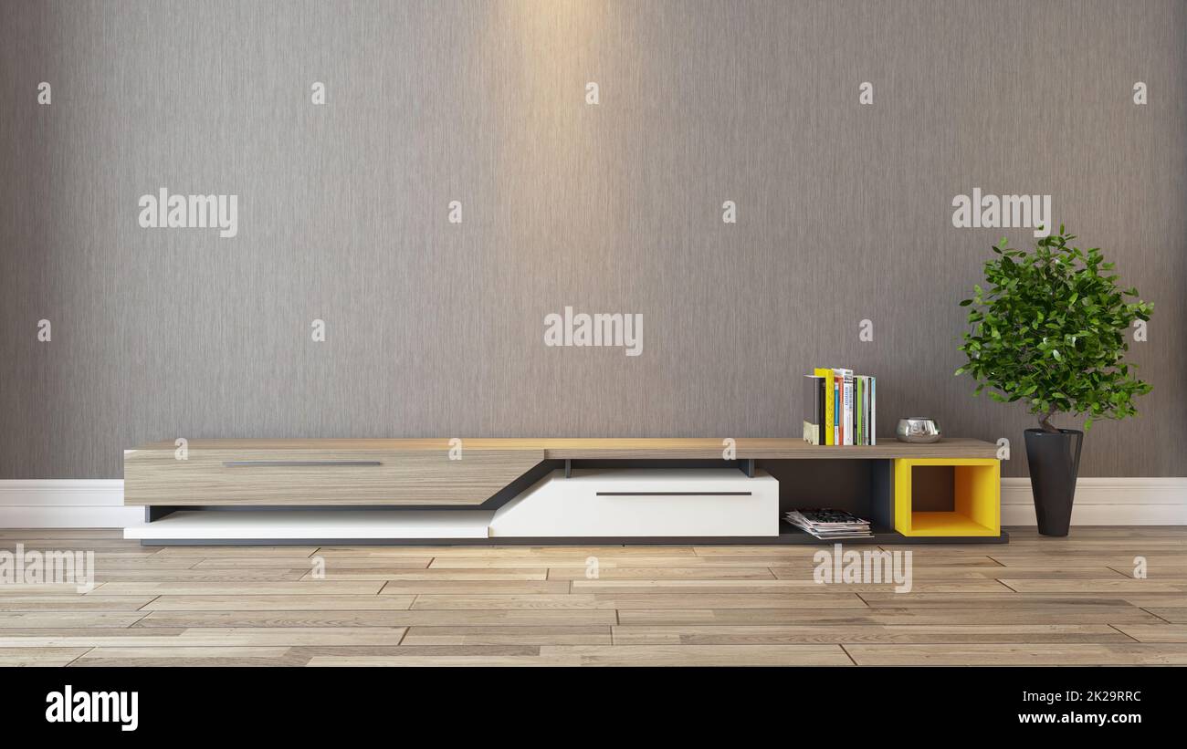tv room with modern wooden tv unit design concept 3D rendering Stock ...