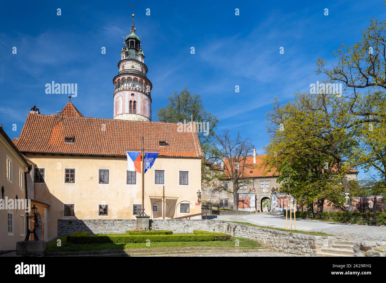 View of the castle from the first courtyard in Czech Krumlov, Southern ...