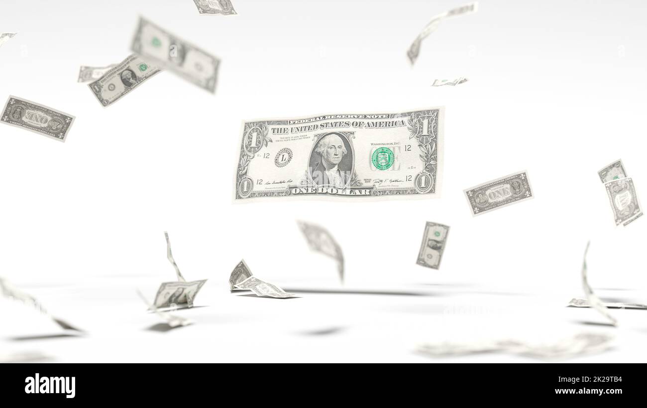 Dollars falling through the air, against a white background. 3d ...