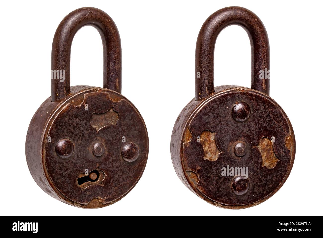 Vintage padlocks isolated. Close-up of an old large padlock with ...