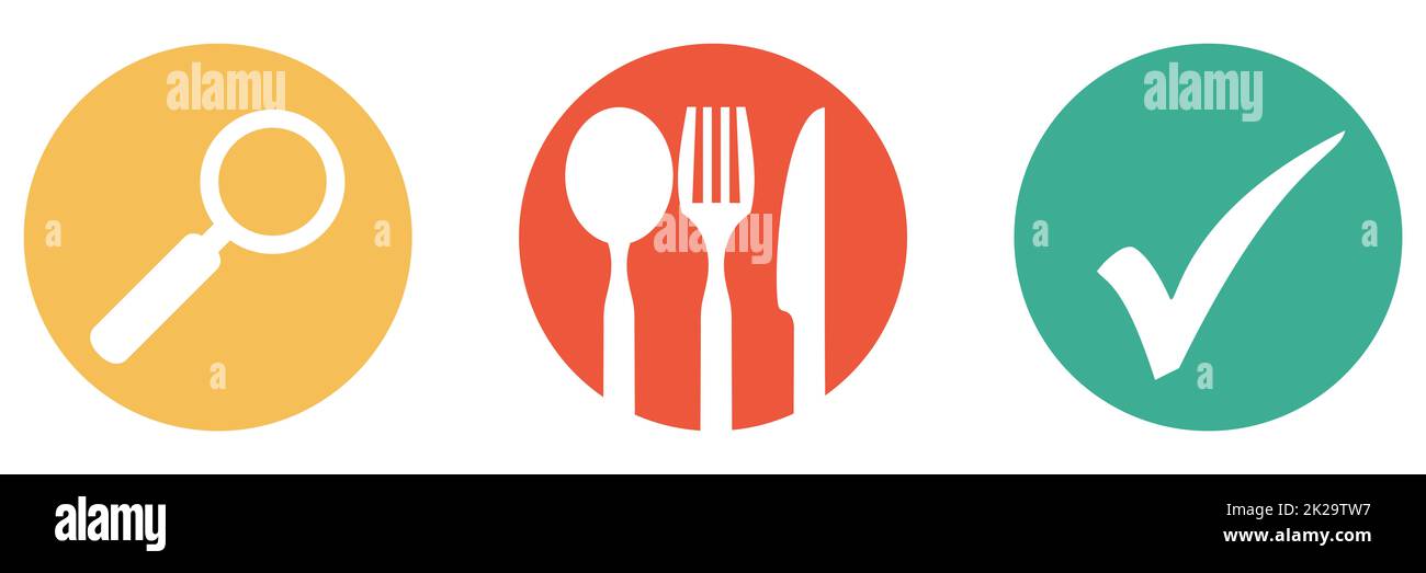 Button Banner: Restaurant or food with magnify and check mark Stock ...