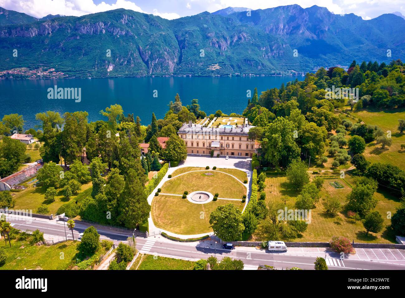 Town of Belaggio waterfront villas on Como lake aerial view Stock Photo ...