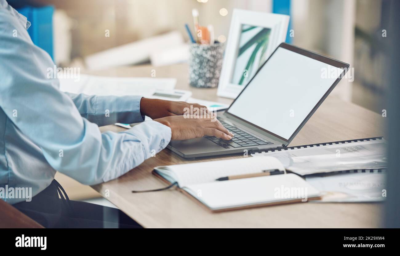 Business woman hands typing on laptop, research or working on ...