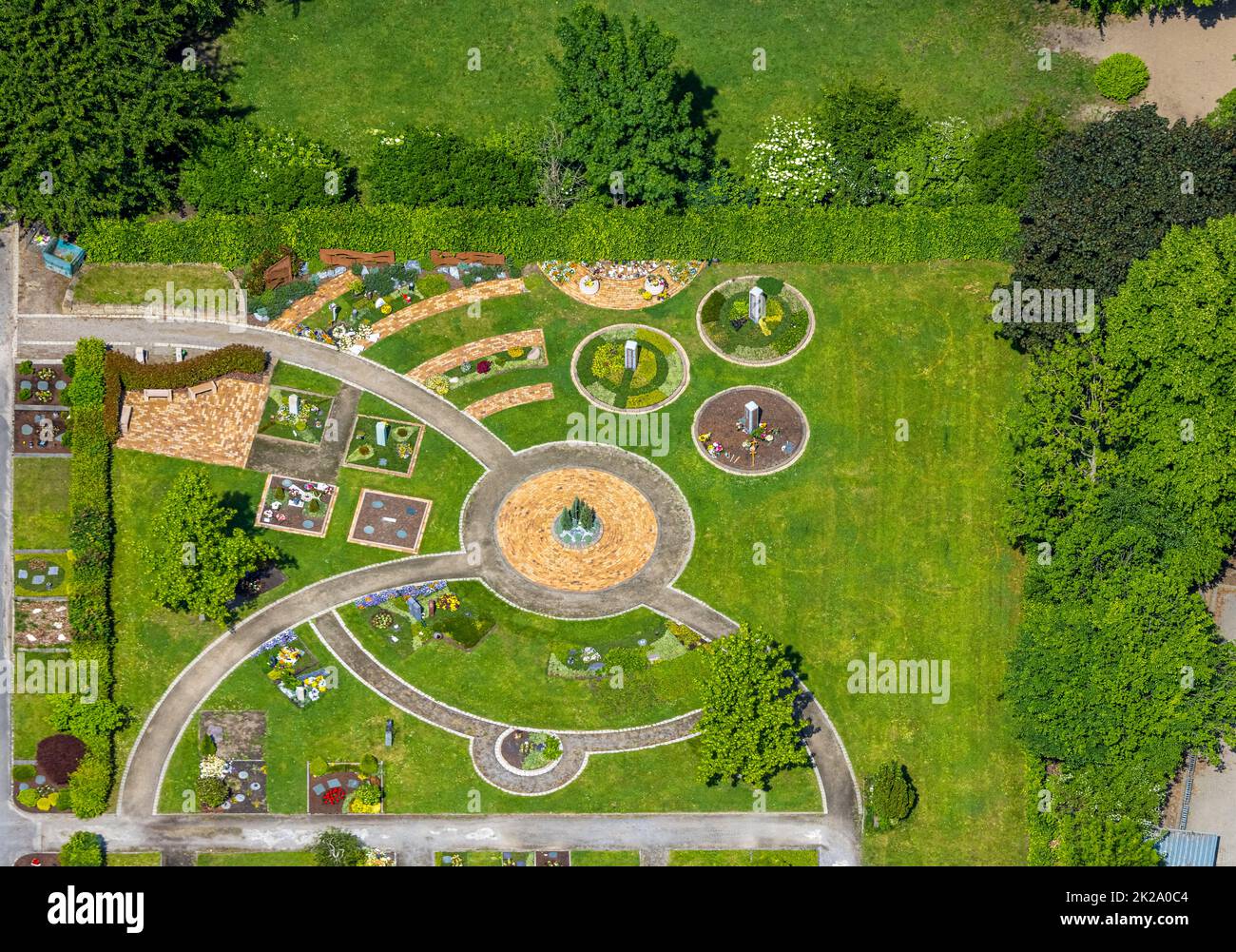 Aerial view, cemetery Wanne South with shapes and colors, Hordel ...