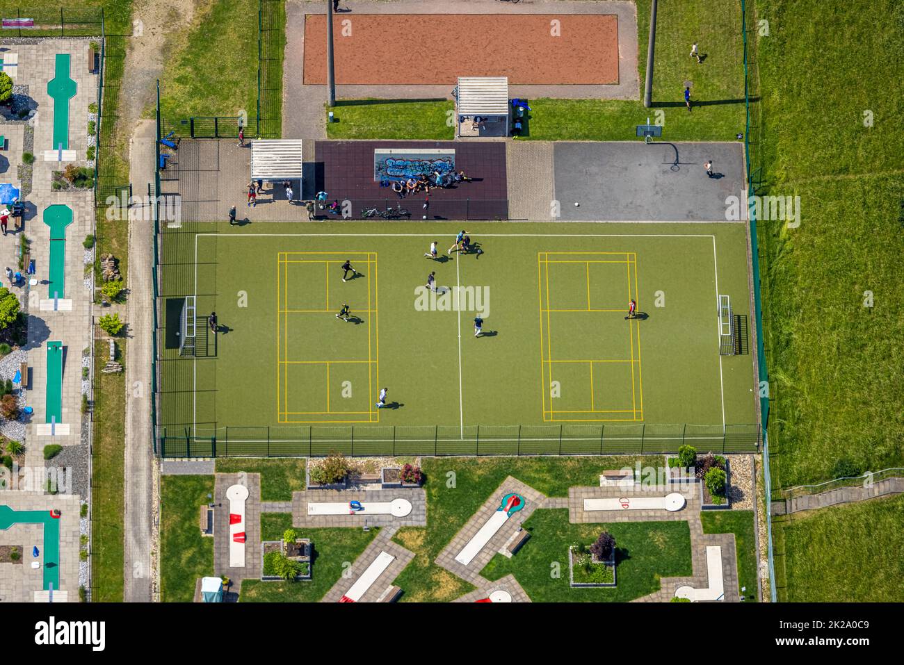 Aerial view, playground and sports field at Heisterkamp in Sportpark ...