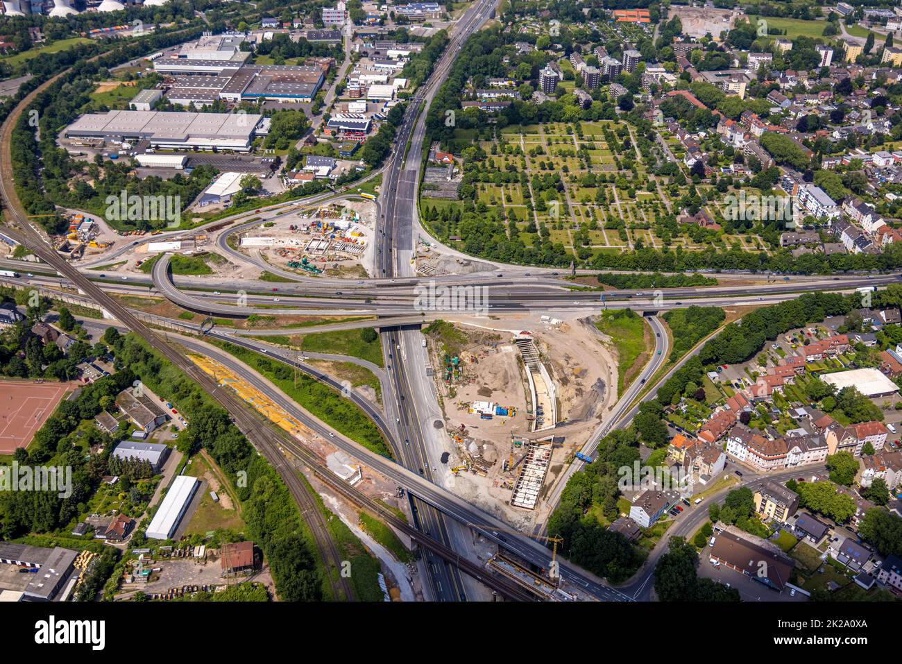 Aerial view, major construction site Kreuz Herne of freeway A42 and ...