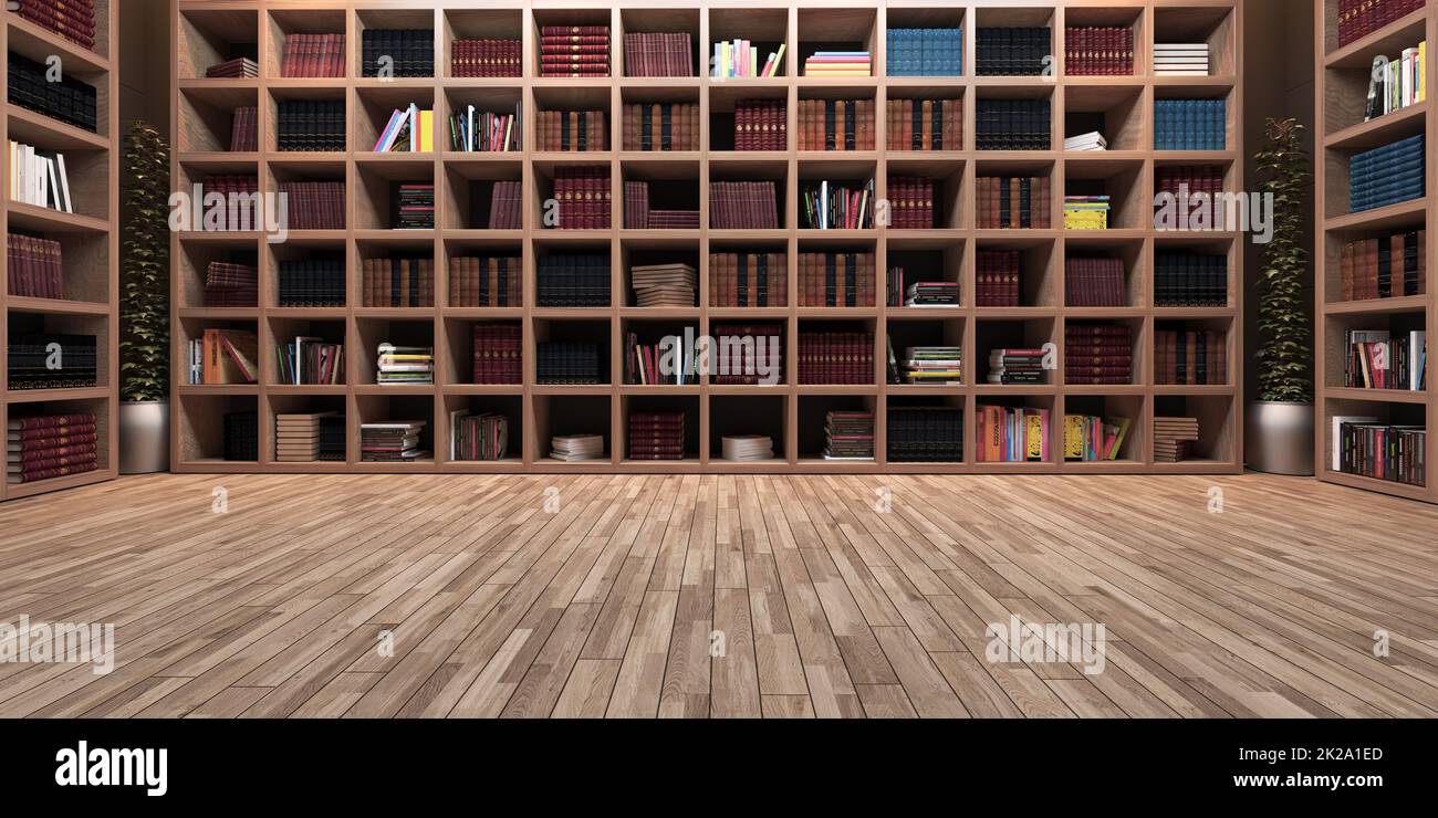 Modern big library design, wooden bookshelf realistic 3D rendering ...
