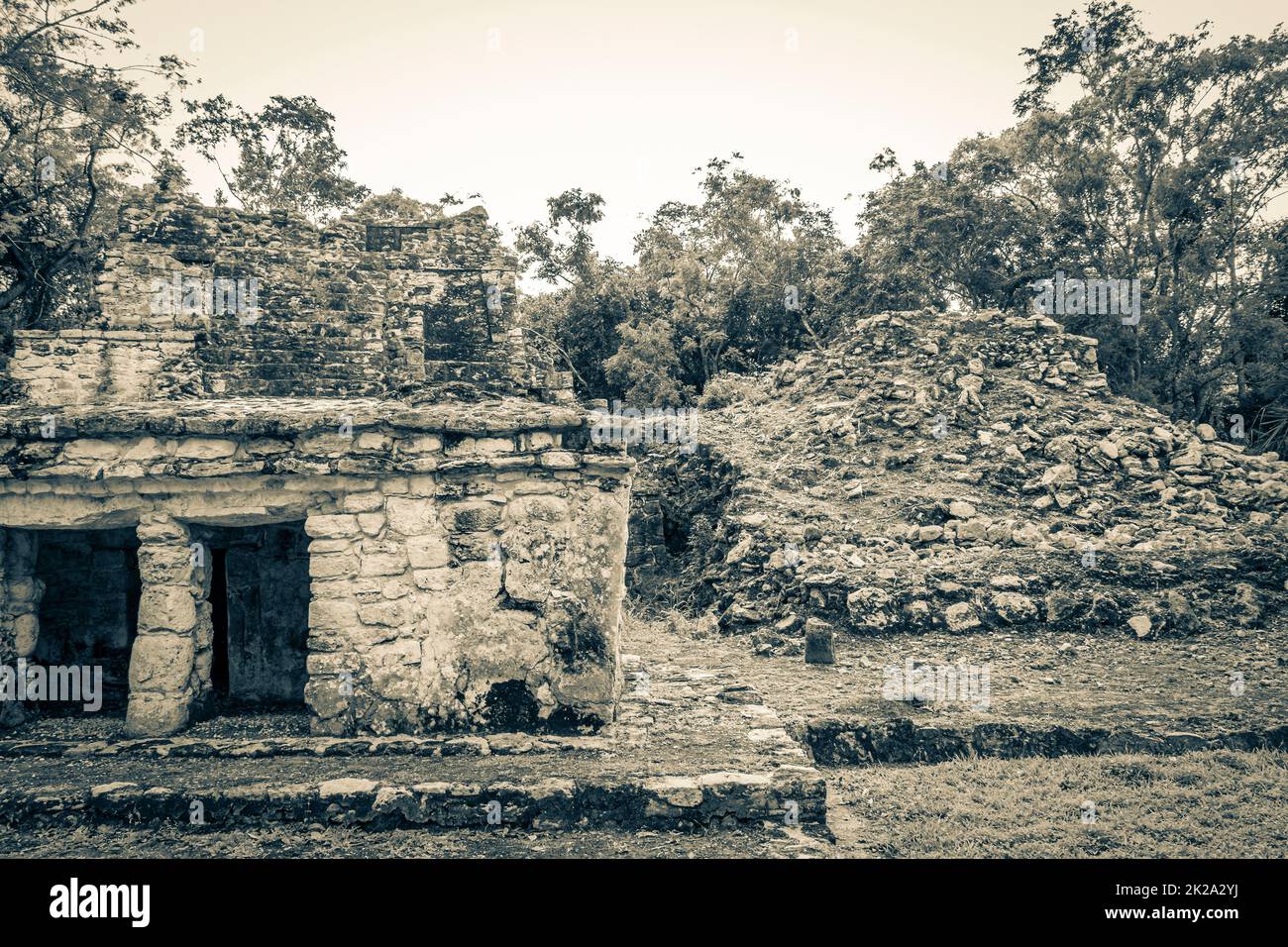 Ancient Mayan site with temple ruins pyramids artifacts Muyil Mexico ...