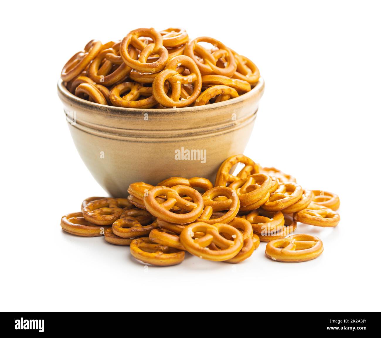 Mini pretzels. Crusty salted snack isolated on white background Stock ...