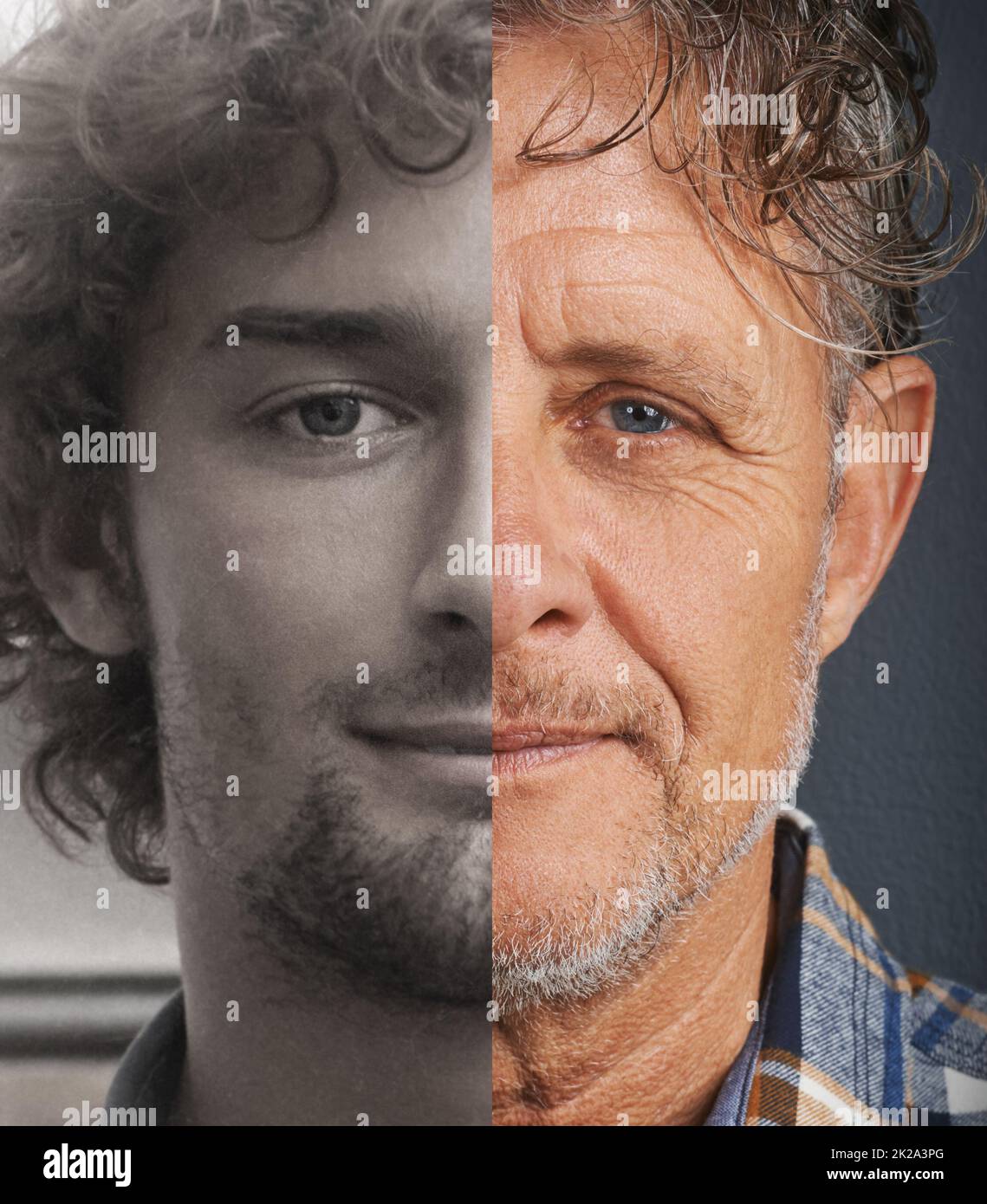 Older and wiser. Cropped split portrait of a young man and an older man ...