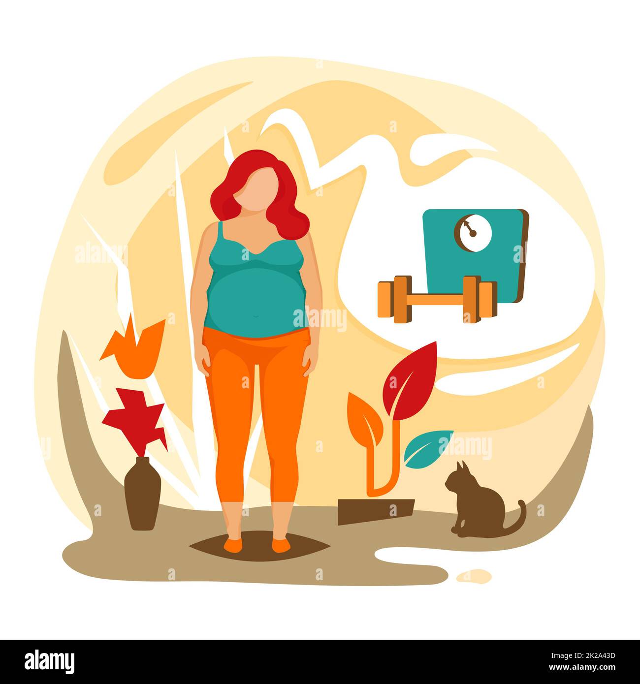 Obesity and weight problems. Fat woman and fitnes icon, flat vector ...