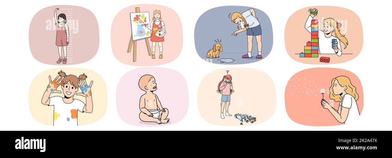 Set of happy girl play enjoy hobby activity Stock Photo - Alamy