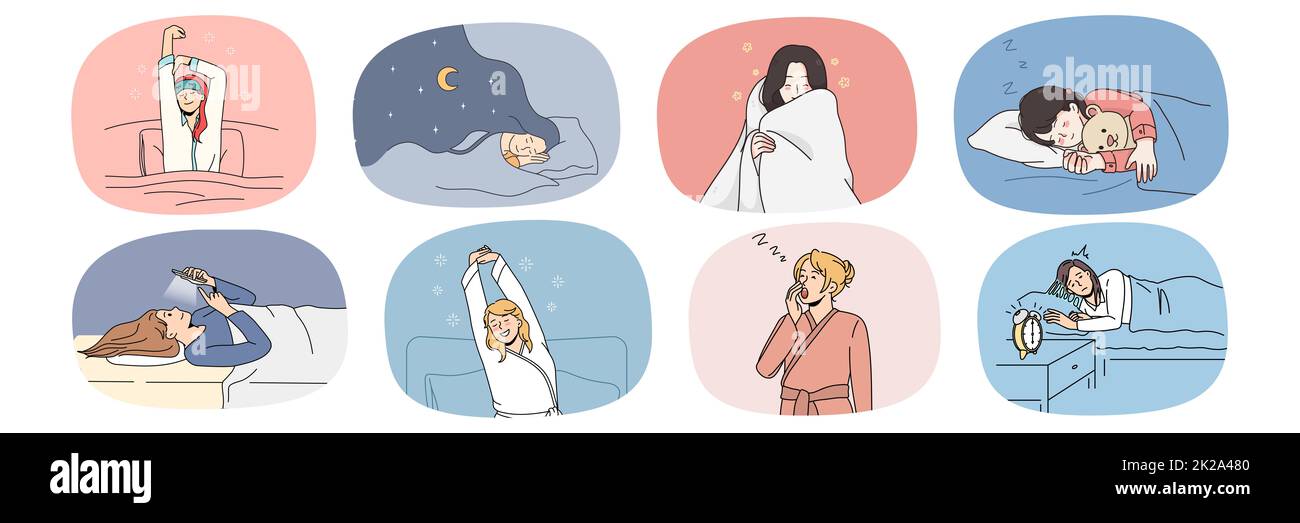 Set of tired woman relax sleep in bed Stock Photo - Alamy