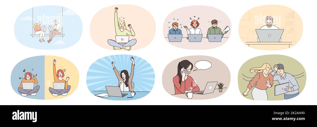 Set of diverse people working online on laptops Stock Photo - Alamy