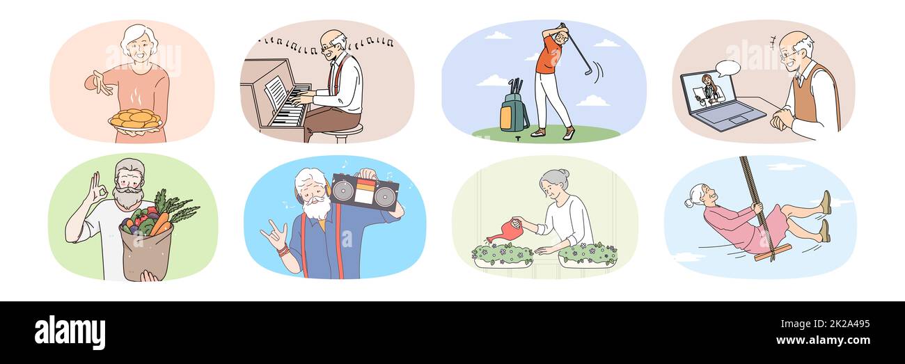 Set of mature people and hobbies Stock Photo - Alamy