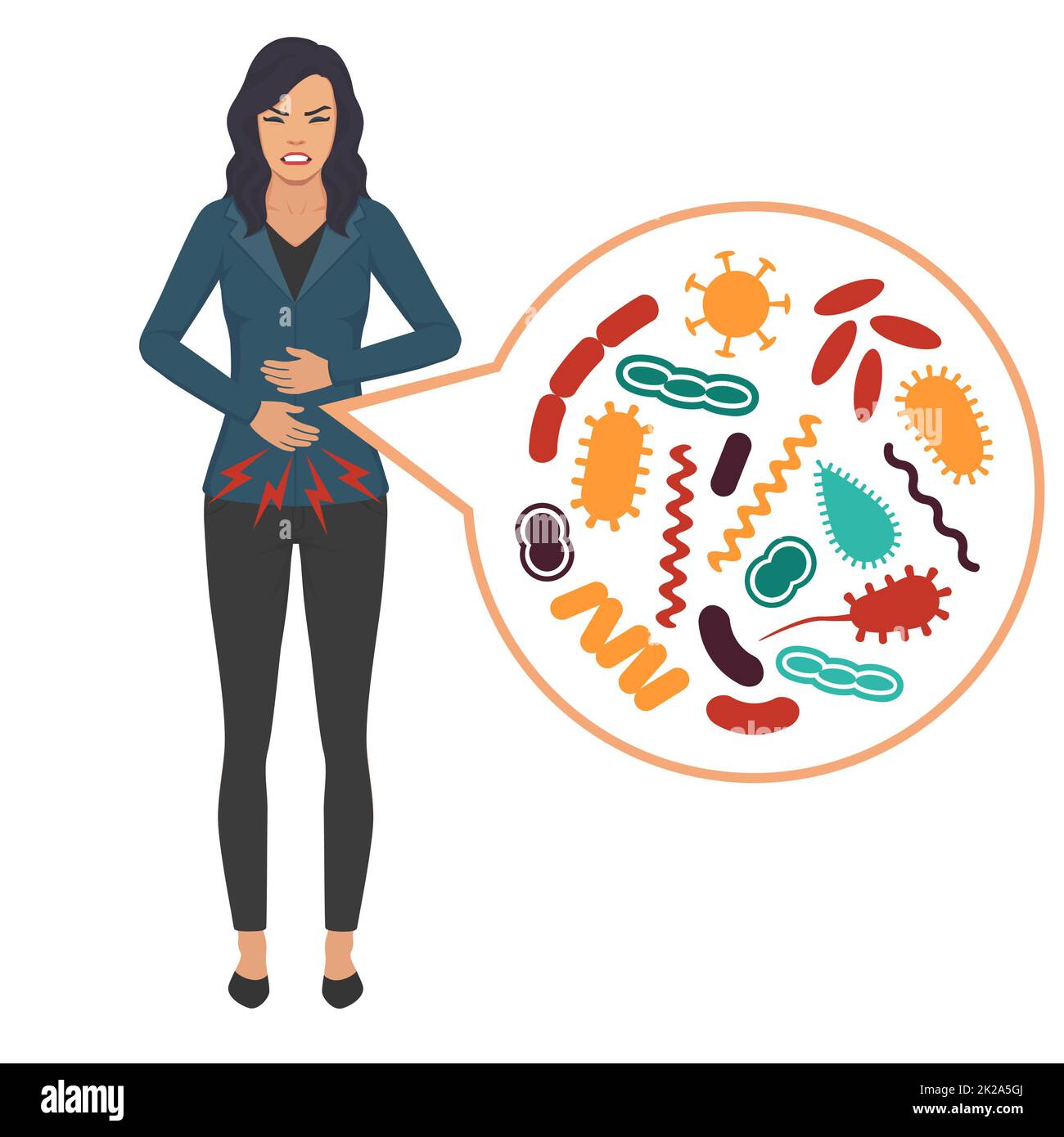 medical vector illustration of stomach ache, human digestive system ...
