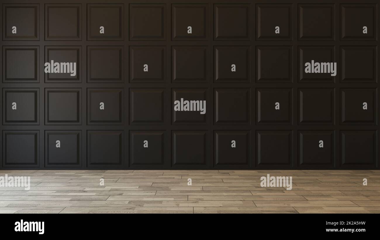Black square decorative wall panels with wooden parquet 3d illustration ...