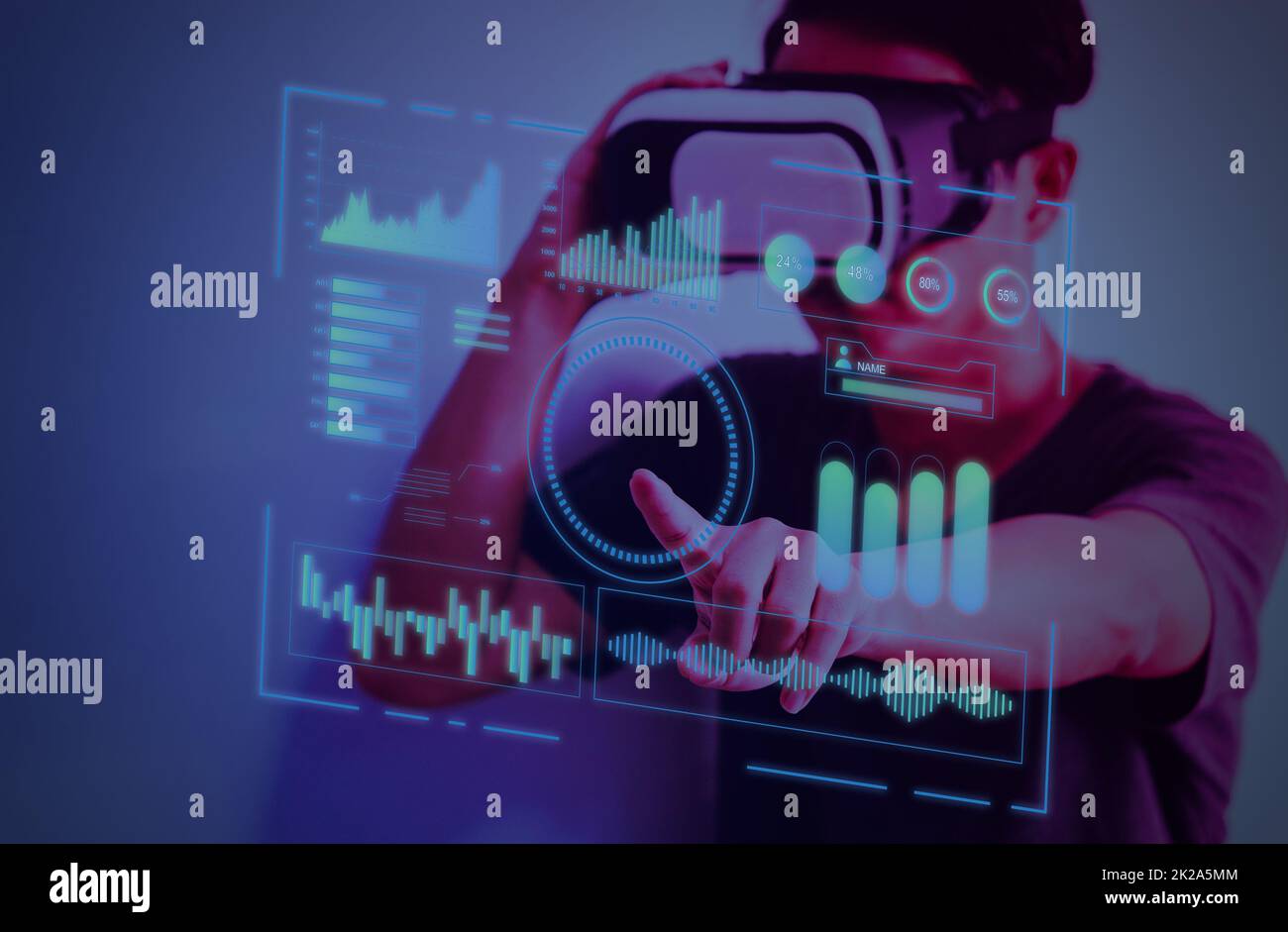 Digital big data and metaverse virtual screen technology concept WEB 3.0.Man using virtual ...