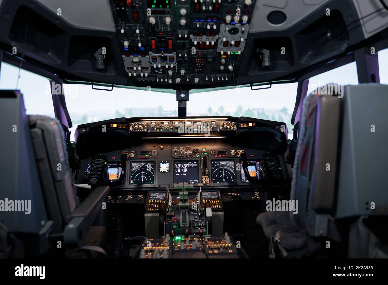 Nobody in empty airplane cockpit with dashboard command and power ...