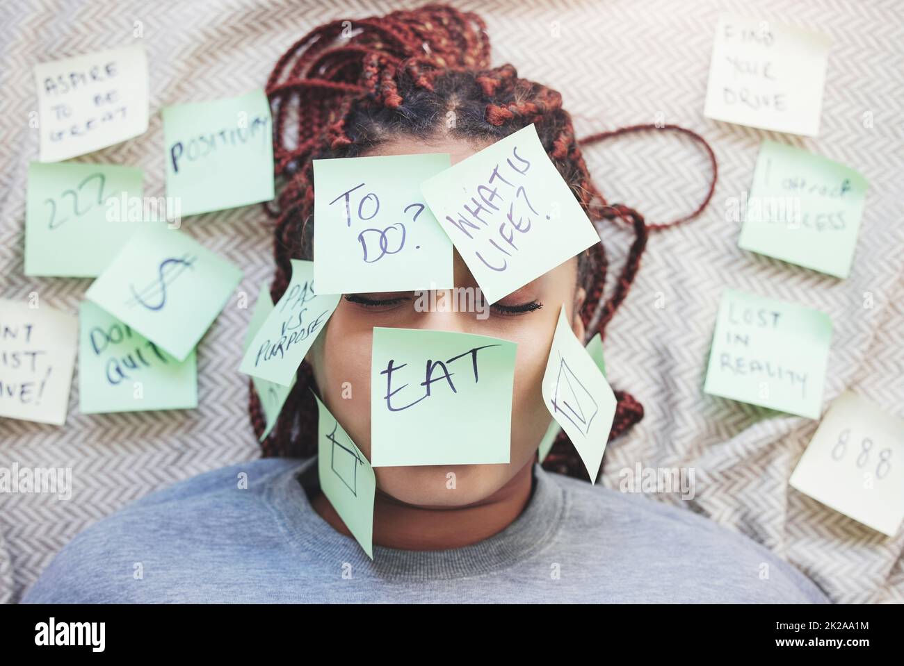 Sticky note, stress and woman with questions on face for frustrated ...