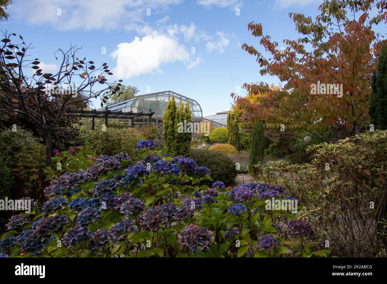 The outside of the tropical house surrounded by summer flowers ...