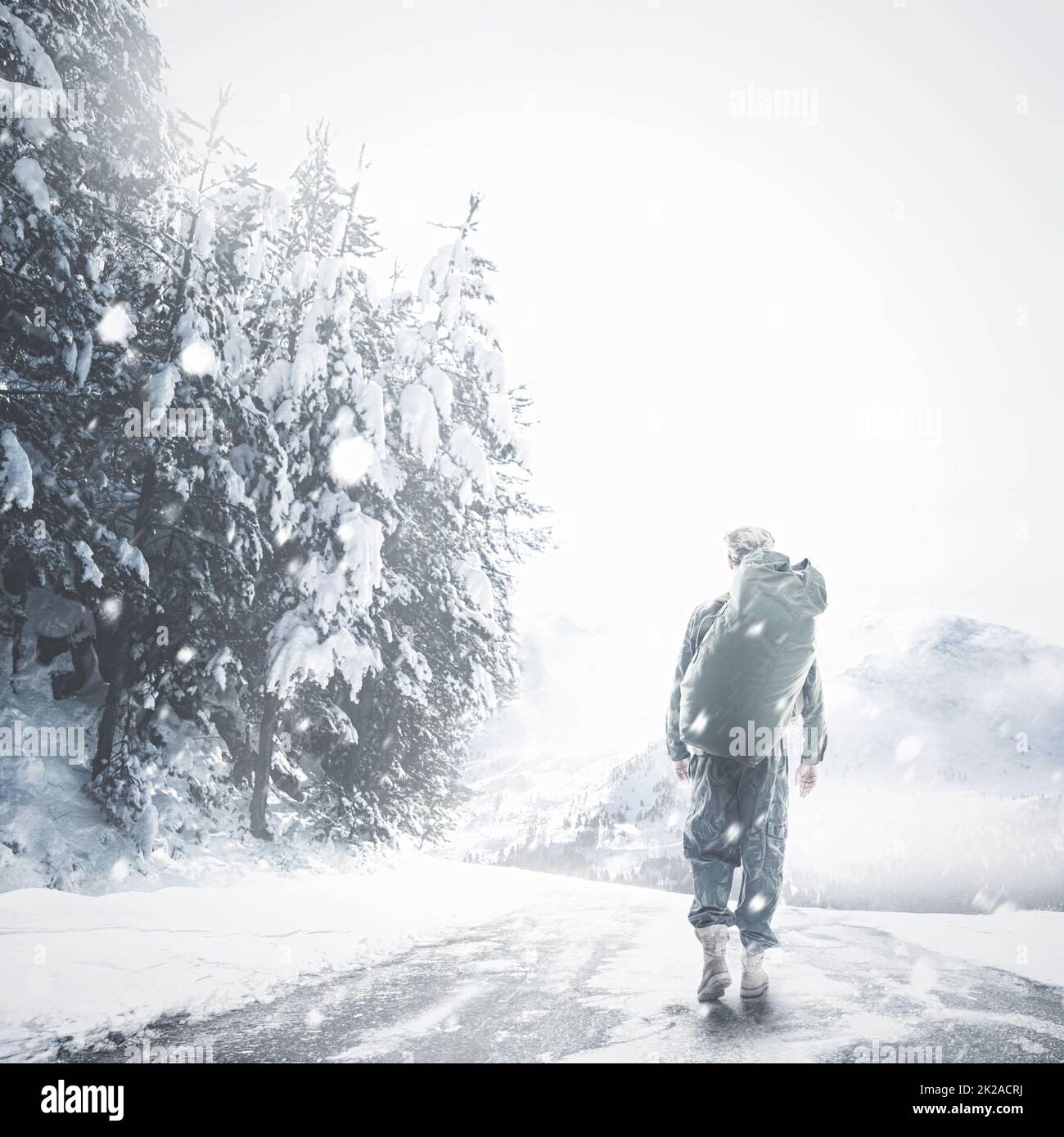 The brave walk alone. Rearview illustration of a man walking down a ...