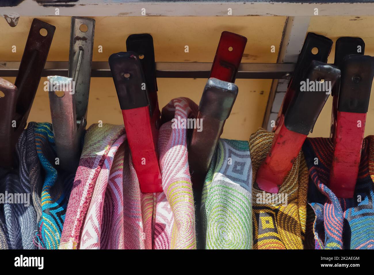 Detailed close up view on samples of cloth and fabrics in different ...