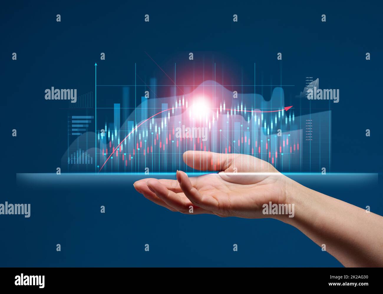 holographic graph with growing indicators and a woman's hand. Business ...