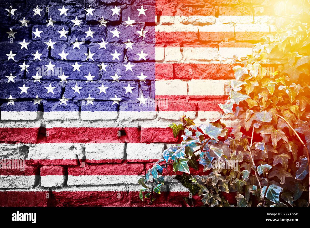 United States grunge flag on brick wall with ivy plant sun haze view ...