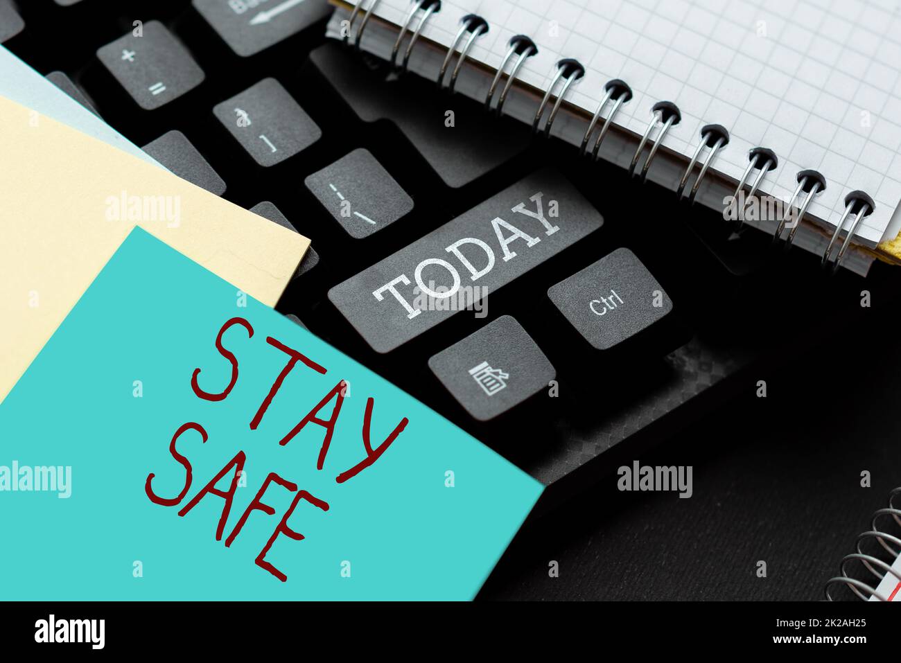 Hand writing sign Stay Safe. Business idea secure from threat of danger ...
