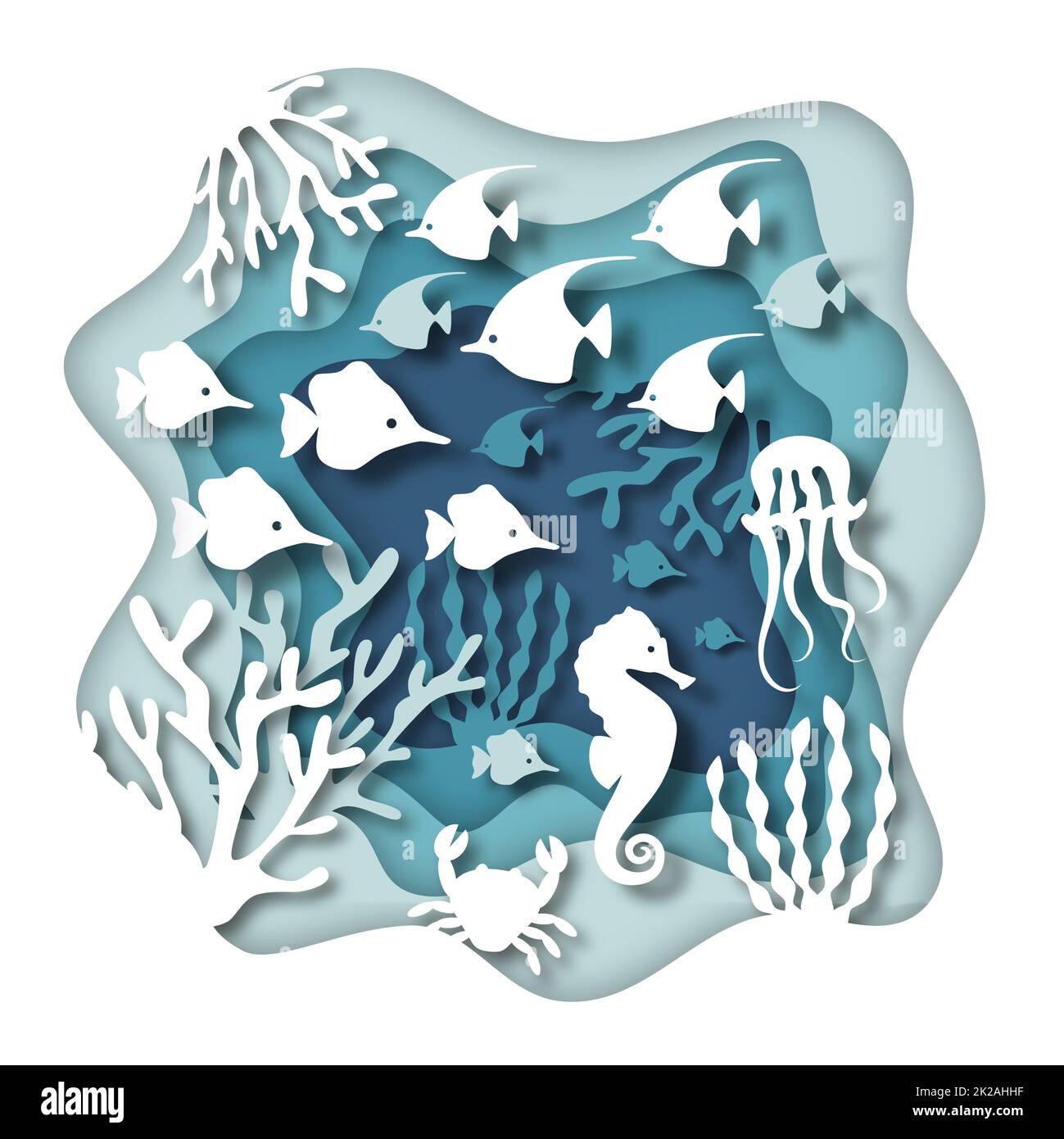 Paper cut marine life 3d illustration Stock Photo - Alamy