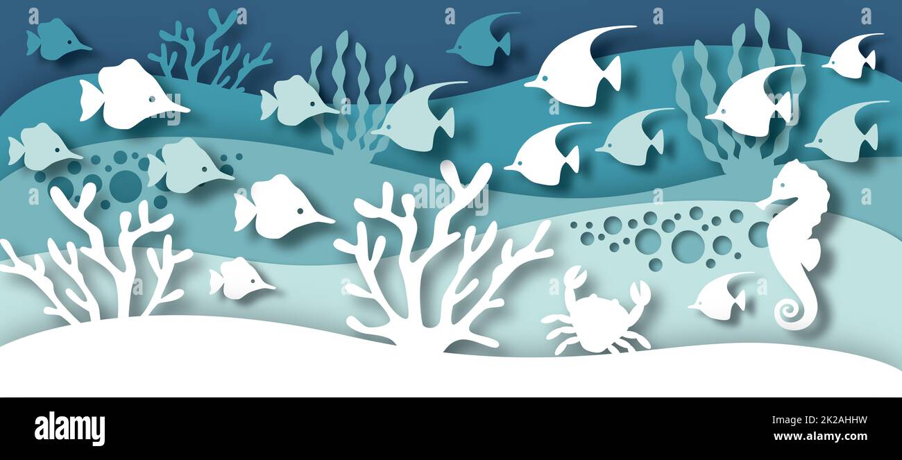 Paper cut marine life 3d illustration Stock Photo - Alamy