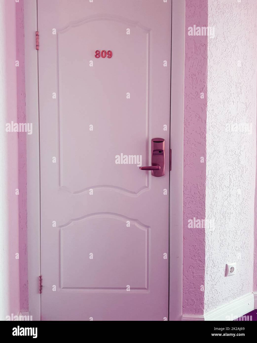 Close-up of a closed white door with a hotel room number, modern light ...