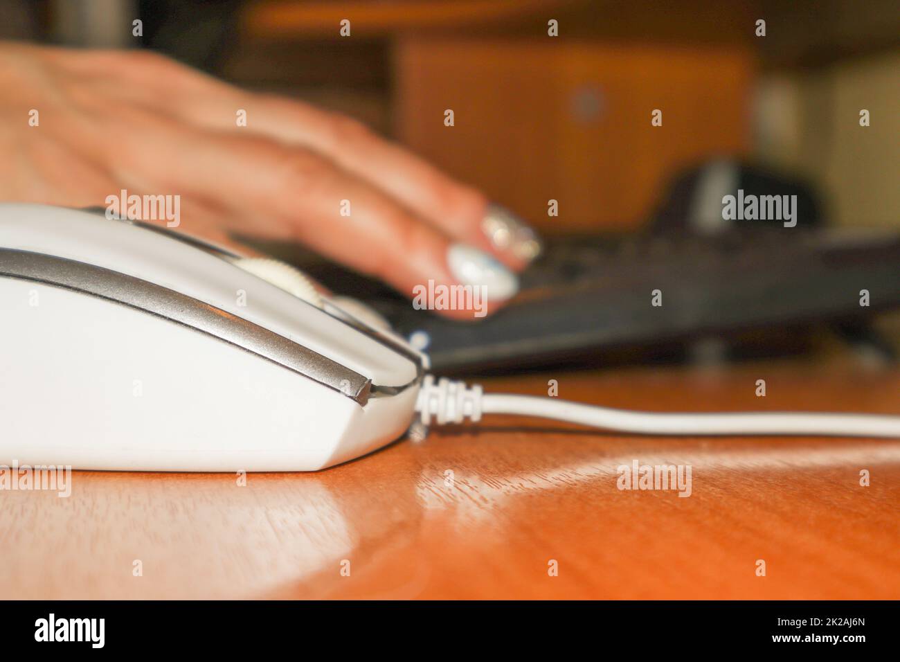 Close-up of a computer mouse and a blurry background in the background ...
