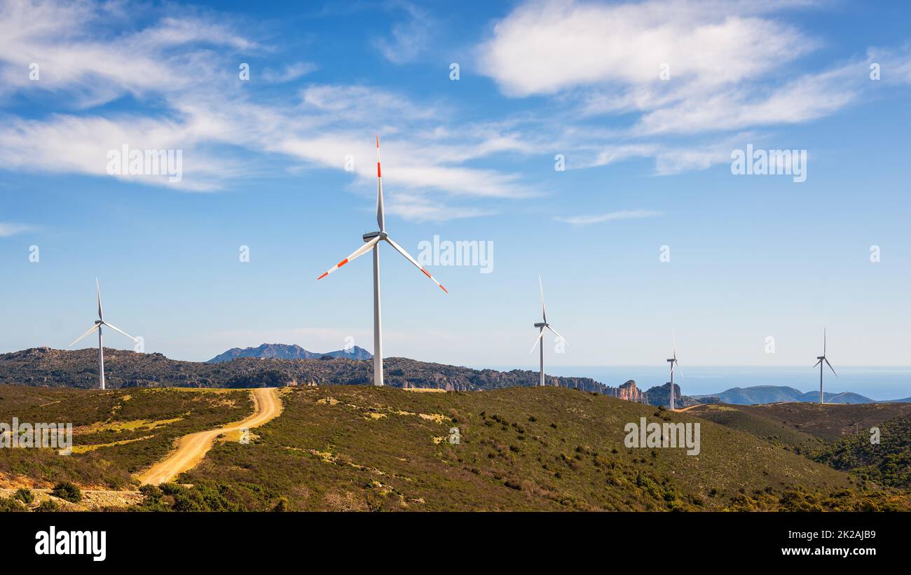 Turbines in a mountain wind farm. Ecological energy production Stock ...