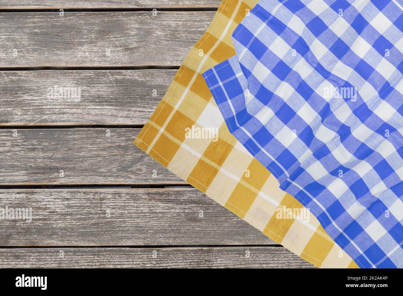 Empty table product. Top view of a rustic wooden table with a blue and ...