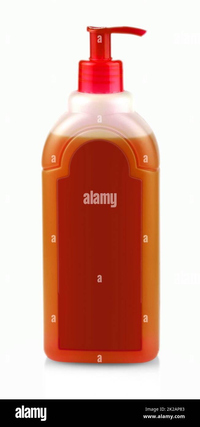 red bottle with shampoo with dispenser on white background Stock Photo ...