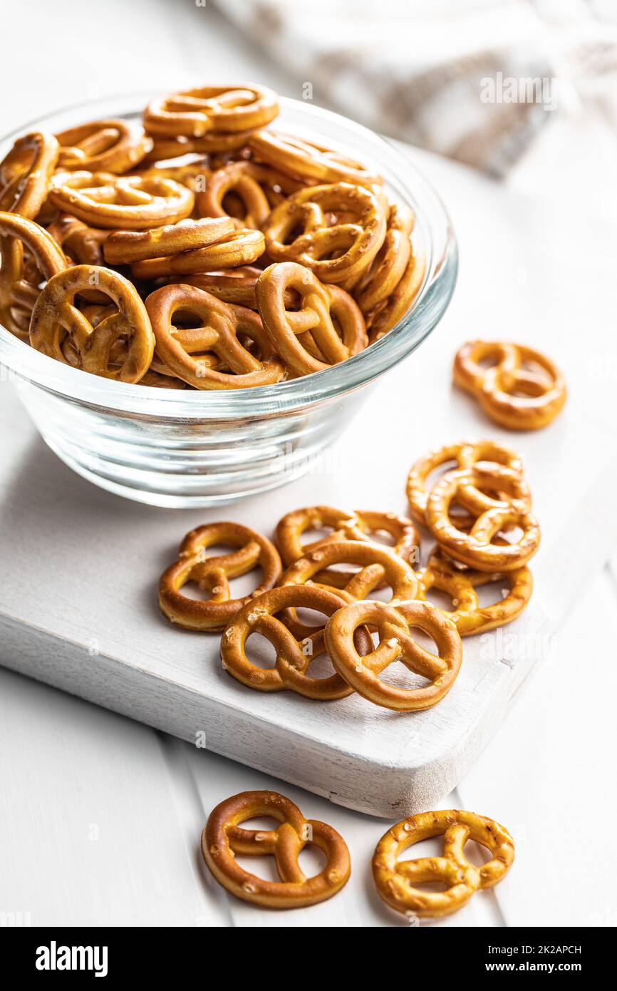 Mini pretzels. Crusty salted snack in bowl Stock Photo - Alamy