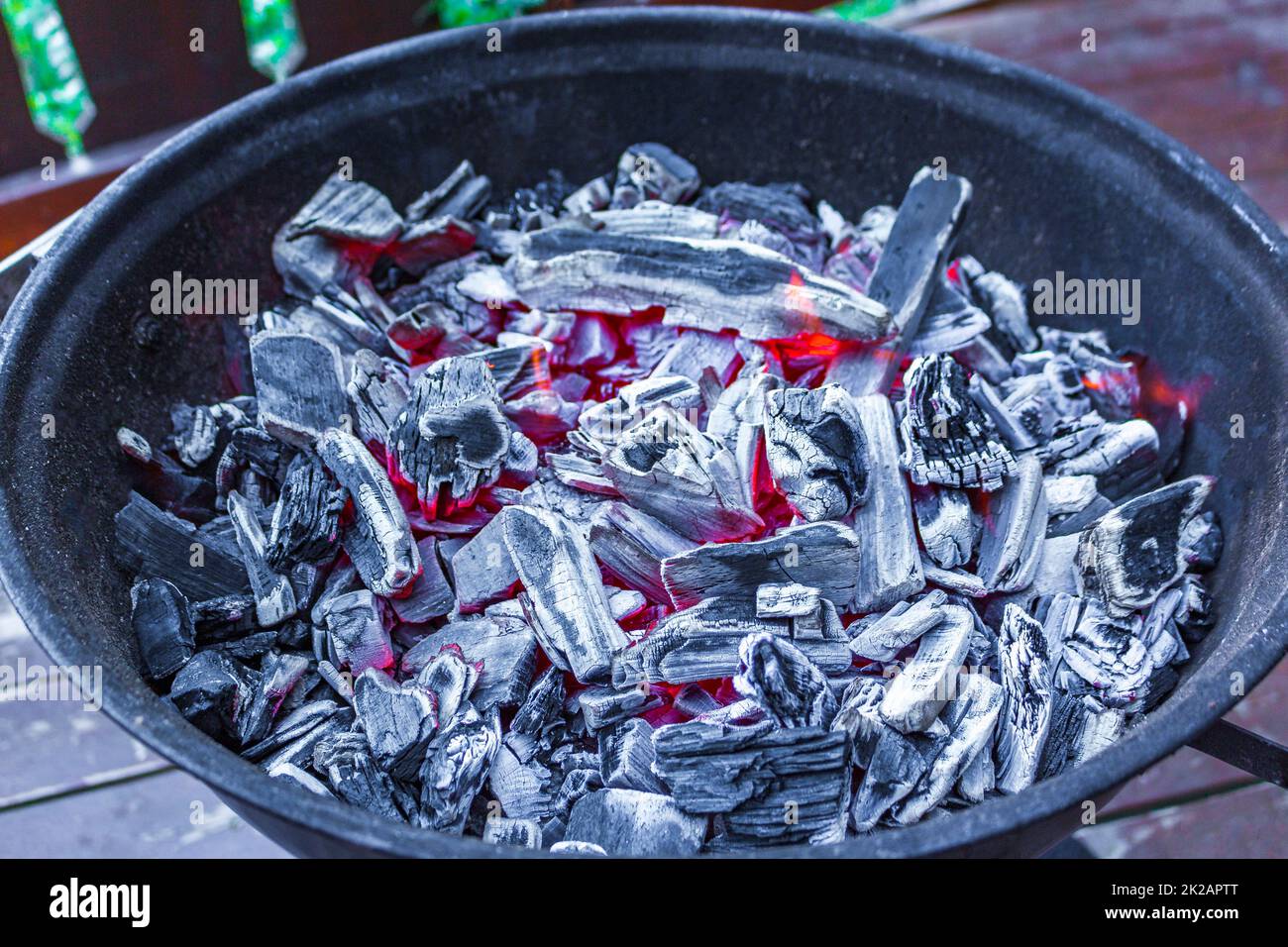 Glowing barbecue charcoal fire smoke when turning on barbecue Norway ...
