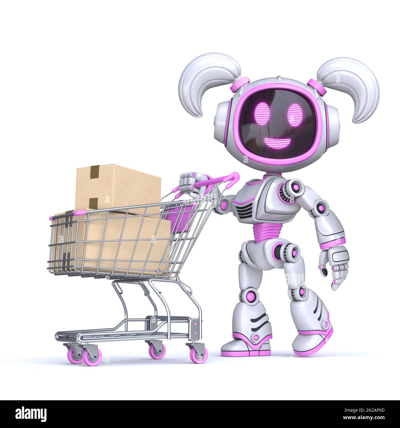 Cute pink girl robot push shopping cart 3D Stock Photo - Alamy