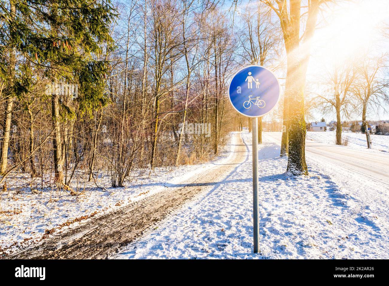 Bike and pedestrian path in the winter day Stock Photo - Alamy