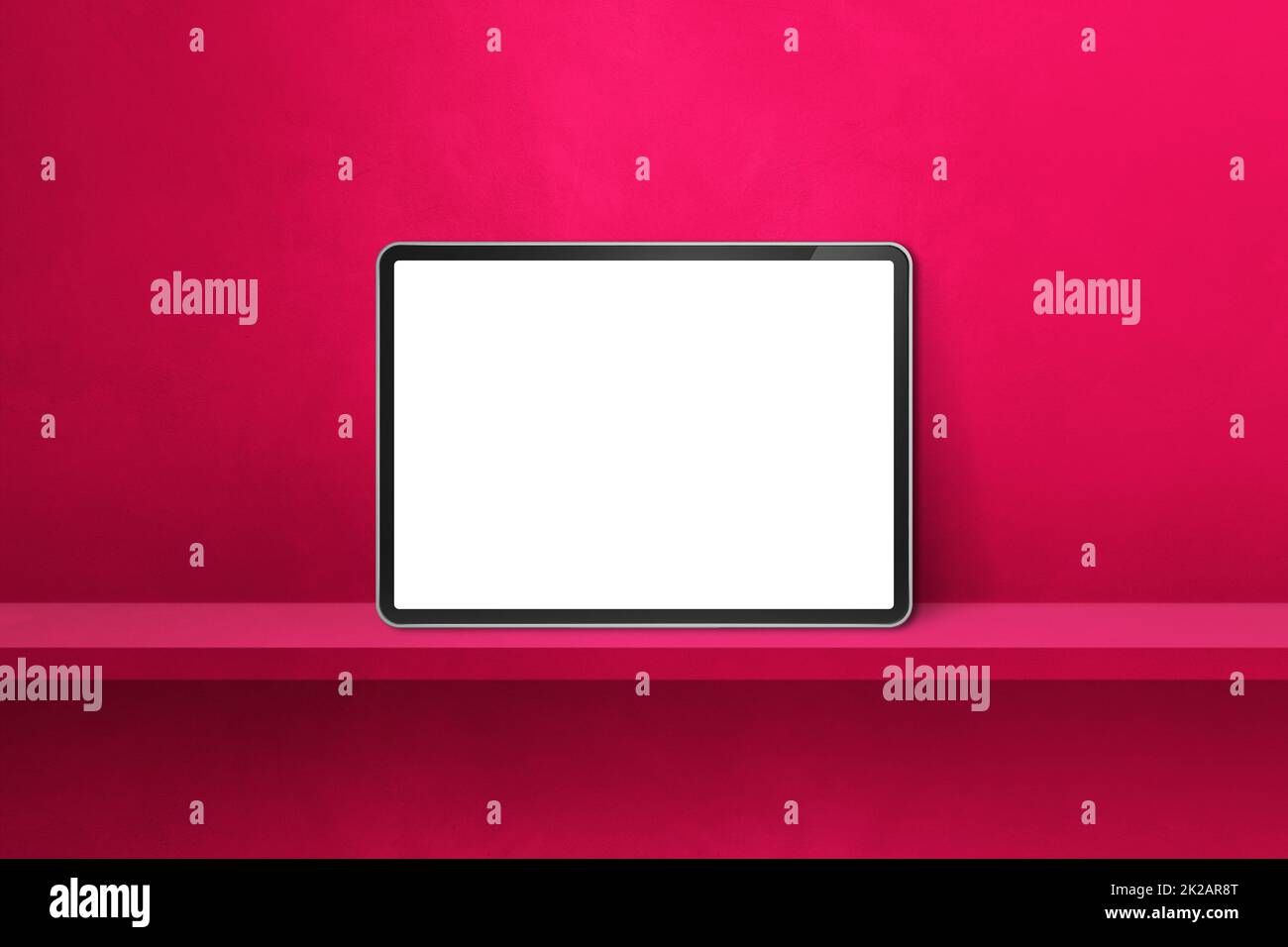 Digital tablet pc on pink wall shelf. Horizontal background banner ...