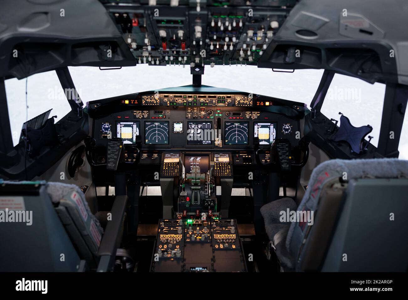 No people in empty plane cockpit with electronic dashboard control ...
