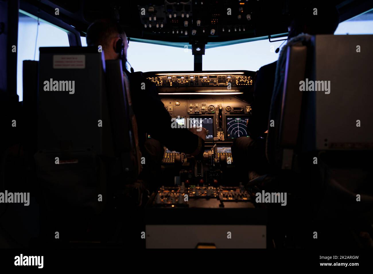 Diverse team of captain and pilot pushing engine throttle lever to ...