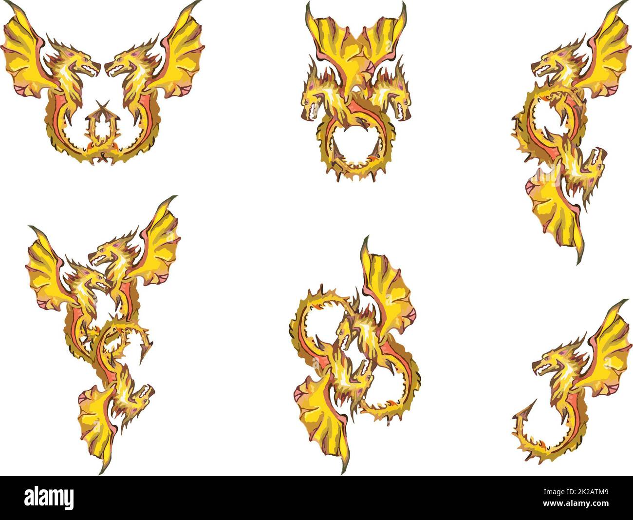 Yellow flying dragon symbols isolated on a white background for prints ...